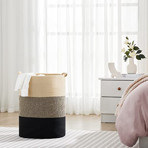 YOUDENOVA Cotton Rope Laundry Hamper, 72L Woven Collapsible Laundry Basket - Toy & Clothes Storage Basket for Blankets, Laundry Room Organizing, Bedroom Storage, Clothes Hamper Black & Brown