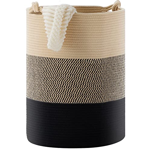 YOUDENOVA Cotton Rope Laundry Hamper, 72L Woven Collapsible Laundry Basket - Toy & Clothes Storage Basket for Blankets, Laundry Room Organizing, Bedroom Storage, Clothes Hamper Black & Brown