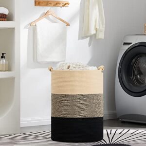 YOUDENOVA Cotton Rope Laundry Hamper, 72L Woven Collapsible Laundry Basket - Toy & Clothes Storage Basket for Blankets, Laundry Room Organizing, Bedroom Storage, Clothes Hamper Black & Brown