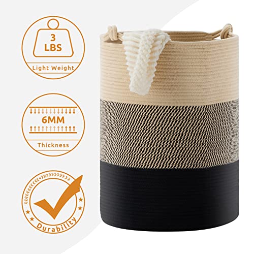 YOUDENOVA Cotton Rope Laundry Hamper, 72L Woven Collapsible Laundry Basket - Toy & Clothes Storage Basket for Blankets, Laundry Room Organizing, Bedroom Storage, Clothes Hamper Black & Brown