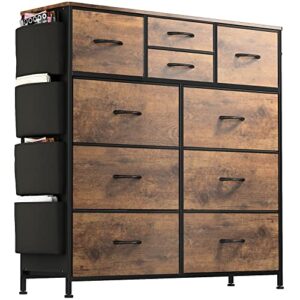 lulive 10 drawer dresser, chest of drawers for bedroom with side pockets and hooks, fabric storage dresser, sturdy steel frame, wood top, organizer unit for nursery, hallway, closet (rustic brown)