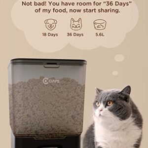 Ciays Automatic Cat Feeders, 5.6L Cat Food Dispenser Up to 20 Portions Control 4 Meals Per Day, Pet Dry Food Dispenser for Small Medium Cats Dogs, Dual Power Supply & Voice Recorder, Black, PAF-A06