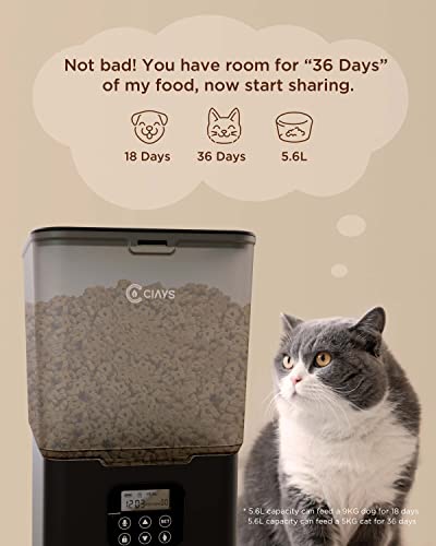 Ciays Automatic Cat Feeders, 5.6L Cat Food Dispenser Up to 20 Portions Control 4 Meals Per Day, Pet Dry Food Dispenser for Small Medium Cats Dogs, Dual Power Supply & Voice Recorder, Black, PAF-A06