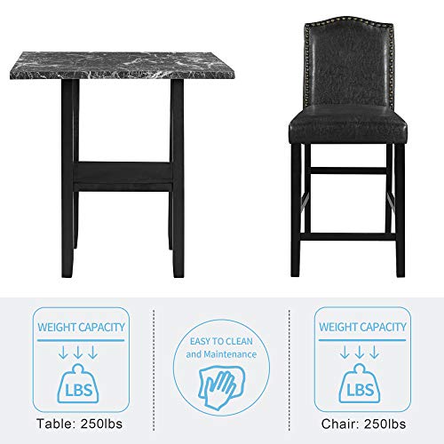 5-Piece Kitchen Table Set Dining Table Set, Faux Marble Tabletop Counter Height Dining Table with Bottom Shelf and 4 Black Leather Upholstered Chairs, Dining Room Set for Kitchen (Black+Wood-11)