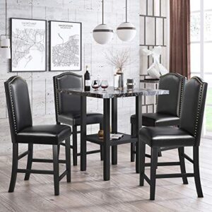 5-Piece Kitchen Table Set Dining Table Set, Faux Marble Tabletop Counter Height Dining Table with Bottom Shelf and 4 Black Leather Upholstered Chairs, Dining Room Set for Kitchen (Black+Wood-11)