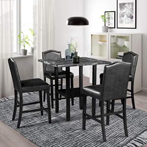 5-Piece Kitchen Table Set Dining Table Set, Faux Marble Tabletop Counter Height Dining Table with Bottom Shelf and 4 Black Leather Upholstered Chairs, Dining Room Set for Kitchen (Black+Wood-11)