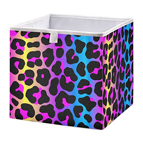 Blueangle Neon Gradient Leopard Print Cube Storage Bin, 11 x 11 x 11 in, Large Collapsible Organizer Storage Basket for Home Décor（1034）