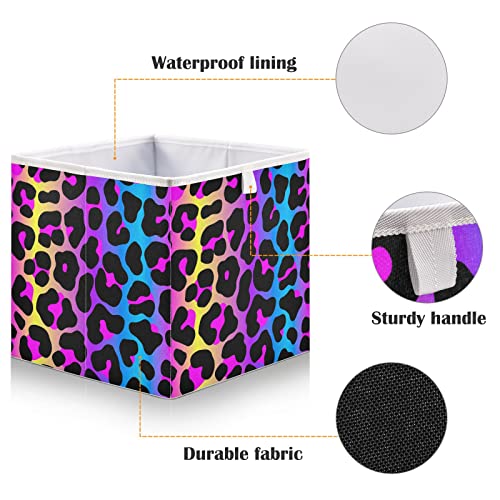 Blueangle Neon Gradient Leopard Print Cube Storage Bin, 11 x 11 x 11 in, Large Collapsible Organizer Storage Basket for Home Décor（1034）