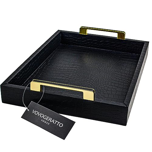 Decorative Serving Tray with Metal Handles, Black Leather Organizer for Kitchen Food Snacks Coffee