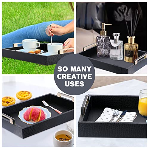 Decorative Serving Tray with Metal Handles, Black Leather Organizer for Kitchen Food Snacks Coffee