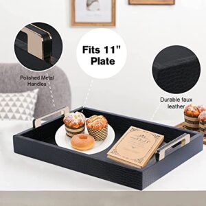 Decorative Serving Tray with Metal Handles, Black Leather Organizer for Kitchen Food Snacks Coffee