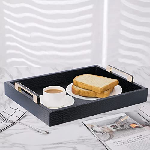 Decorative Serving Tray with Metal Handles, Black Leather Organizer for Kitchen Food Snacks Coffee