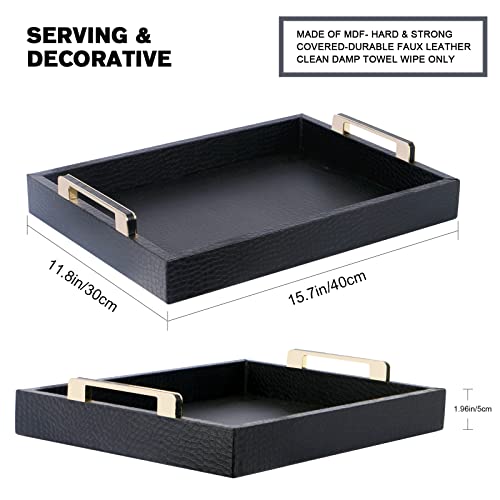 Decorative Serving Tray with Metal Handles, Black Leather Organizer for Kitchen Food Snacks Coffee