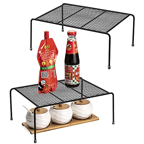 Lonian Kitchen Cupboard Organiser [ 2 Pack ], Home and Kitchen Storage Shelf Wire Rack for Kitchen Cabinets, Counter-Tops, Pantries, Food and Utensils (Black)