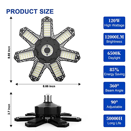 Led Garage Lights 6 Pack,120W 7+1 Deformable Ultra Bright Garage Light,Screw in E26/E27 Led Shop Light for Garage Warehouse Basement Workshop Ceiling