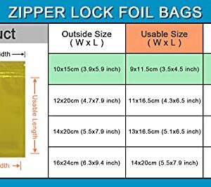 Zipper Lock Gold Aluminum Foil Bags for Zip Resealable Airtight Lock Mylar Bags for Long Term Food Storage with Tear Notch (100, 3.9x5.9 inch)