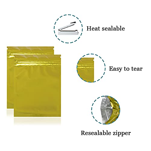 Zipper Lock Gold Aluminum Foil Bags for Zip Resealable Airtight Lock Mylar Bags for Long Term Food Storage with Tear Notch (100, 3.9x5.9 inch)