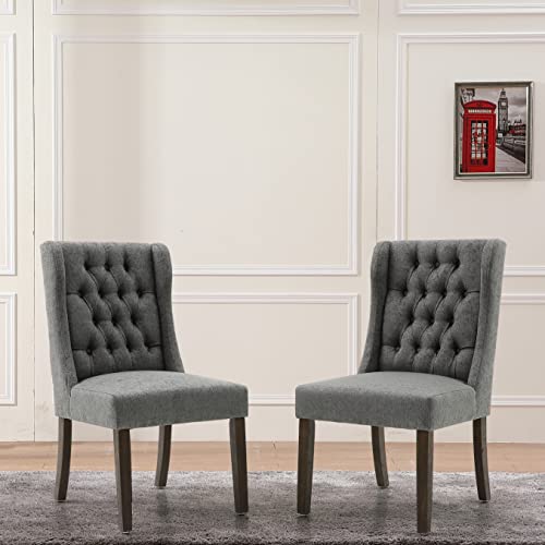 Locus Bono Modern Dining Chairs Set of 2, Upholstered Kitchen & Dining Room Chairs with Solid Wood Legs,Tufted Linen Fabric Parson Chairs Side Chairs for Living Room, Restaurant (Grey)