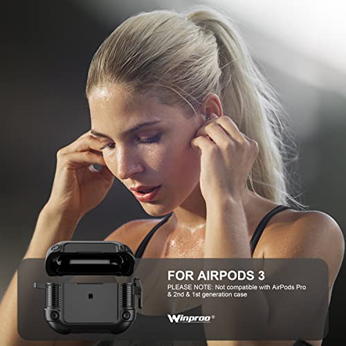 Winproo Armor Airpods 3rd Generation Case Cover with Lock Clip, Military Hard Shell Full-Body Shockproof Protective Case Skin with Keychain for Airpods 3rd Gen (Black)