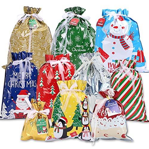 Moretoes 48pcs Christmas Drawstring Gift Bags with 10 Sizes 10 Designs Assorted Sizes Foil Wrapping Sacks Pouches Santa Goody Bags Xmas Holiday Presents Party Favor