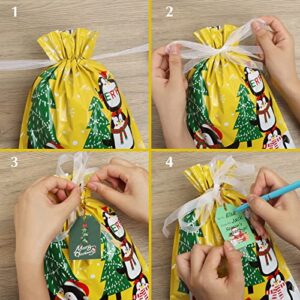 Moretoes 48pcs Christmas Drawstring Gift Bags with 10 Sizes 10 Designs Assorted Sizes Foil Wrapping Sacks Pouches Santa Goody Bags Xmas Holiday Presents Party Favor