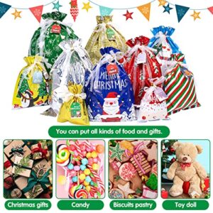 Moretoes 48pcs Christmas Drawstring Gift Bags with 10 Sizes 10 Designs Assorted Sizes Foil Wrapping Sacks Pouches Santa Goody Bags Xmas Holiday Presents Party Favor