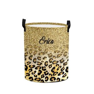 golden leopard print personalized waterproof foldable laundry basket bag with handle, custom collapsible clothes hamper storage bin for toys laundry dorm travel bathroom