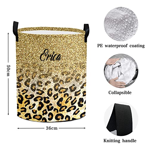 Golden Leopard Print Personalized Waterproof Foldable Laundry Basket Bag with Handle, Custom Collapsible Clothes Hamper Storage Bin for Toys Laundry Dorm Travel Bathroom