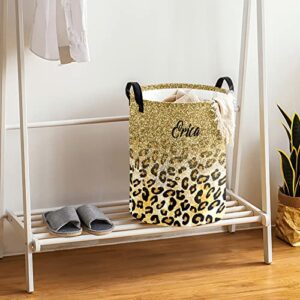 Golden Leopard Print Personalized Waterproof Foldable Laundry Basket Bag with Handle, Custom Collapsible Clothes Hamper Storage Bin for Toys Laundry Dorm Travel Bathroom