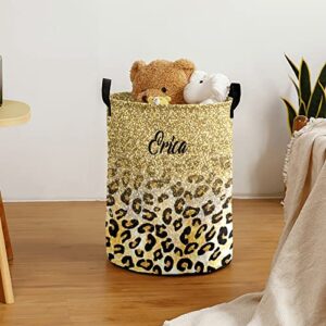 Golden Leopard Print Personalized Waterproof Foldable Laundry Basket Bag with Handle, Custom Collapsible Clothes Hamper Storage Bin for Toys Laundry Dorm Travel Bathroom