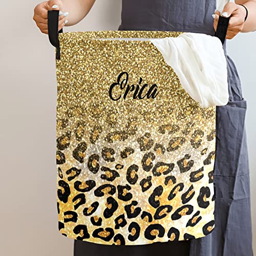 Golden Leopard Print Personalized Waterproof Foldable Laundry Basket Bag with Handle, Custom Collapsible Clothes Hamper Storage Bin for Toys Laundry Dorm Travel Bathroom