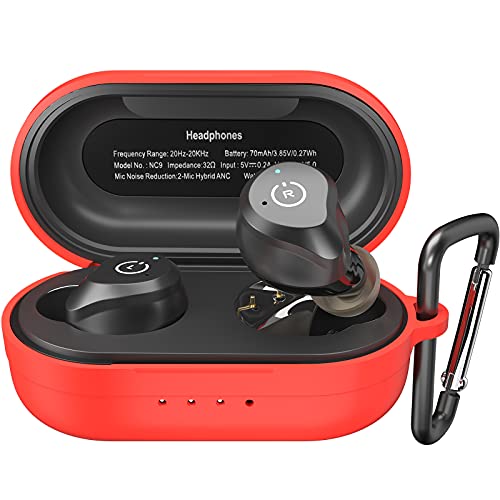 TOZO NC9 Protective Silicone Case Shockproof Soft Skin Cover for TOZO NC9 Earbuds with Front LED Visible and Keychain Red