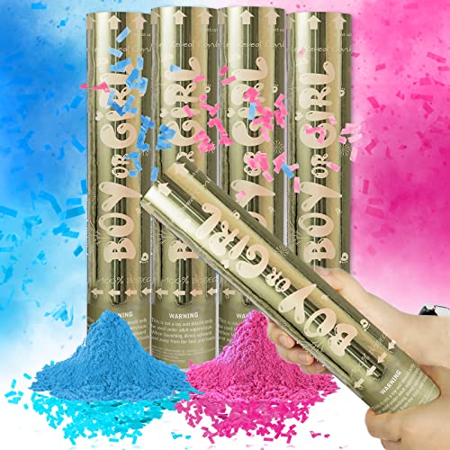 PEPYKIZ Gender Reveal Confetti Powder Cannon,2 Pink & 2 Blue,Set of 4 Gender Reveal Powder Cannon,Boy or Girl Gender Reveal Cannon for Baby Gender Reveal,100% Biodegradable Tissue Safe Powder Smoke