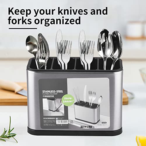 Kitchen Utensil Holder, Stainless Steel Flatware Organizer for Countertop, 4 Divided Utensil Caddy Counter for Spoon, Fork, Spatula (Large)