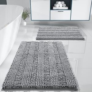 yimobra luxury chenille shaggy bathroom rug set, 2 pack soft fluffy plush bath mat, extra thick, non-slip, water absorbent, machine washable, bath mats for bathroom (grey, 20" x 32"+17" x 24")