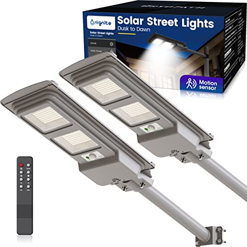 300W Solar Street Light, Briignite Solar Street Lights Outdoor Dusk to Dawn, Remote Control 6000K Outdoor Solar Lights with Motion Sensor, IP65 Solar Outdoor Lights Waterproof for Driveway Barn, 2Pack