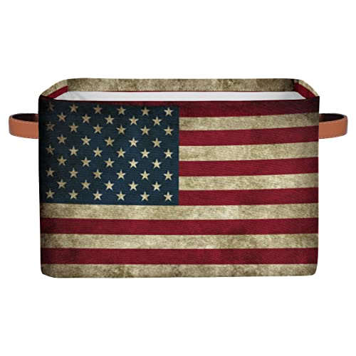 Storage Baskets Bin, Old American USA Flag Collapsible Canvas Fabric Storage Bin Decorative Baskets Toy Organizer Rectangle Storage Boxes with Handles for Home Shelves Nursery,1Pack