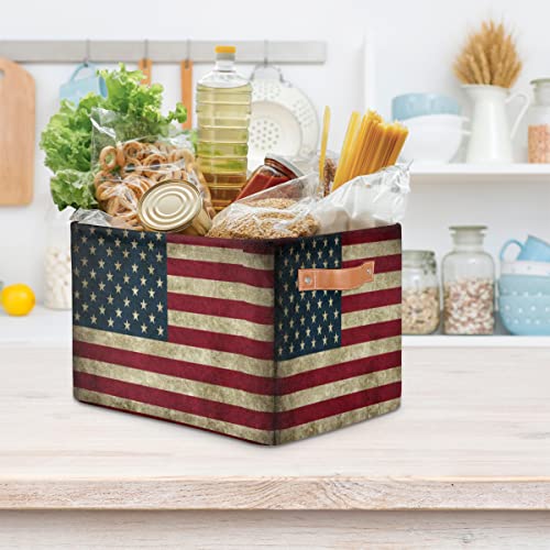 Storage Baskets Bin, Old American USA Flag Collapsible Canvas Fabric Storage Bin Decorative Baskets Toy Organizer Rectangle Storage Boxes with Handles for Home Shelves Nursery,1Pack