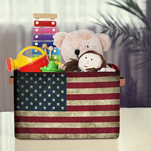 Storage Baskets Bin, Old American USA Flag Collapsible Canvas Fabric Storage Bin Decorative Baskets Toy Organizer Rectangle Storage Boxes with Handles for Home Shelves Nursery,1Pack