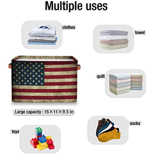 Storage Baskets Bin, Old American USA Flag Collapsible Canvas Fabric Storage Bin Decorative Baskets Toy Organizer Rectangle Storage Boxes with Handles for Home Shelves Nursery,1Pack