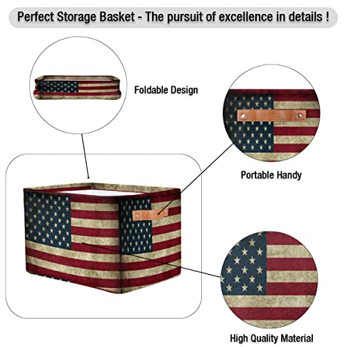 Storage Baskets Bin, Old American USA Flag Collapsible Canvas Fabric Storage Bin Decorative Baskets Toy Organizer Rectangle Storage Boxes with Handles for Home Shelves Nursery,1Pack