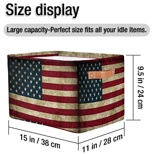 Storage Baskets Bin, Old American USA Flag Collapsible Canvas Fabric Storage Bin Decorative Baskets Toy Organizer Rectangle Storage Boxes with Handles for Home Shelves Nursery,1Pack