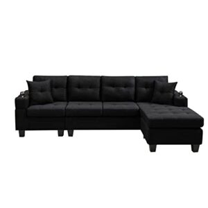 HomSof Modern Modular L-Shaped Sectional Chaise Longue, Convertible Corner Sofa with Armrest Storage for Living Room, Black Fabric|5-seat