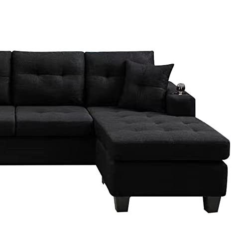 HomSof Modern Modular L-Shaped Sectional Chaise Longue, Convertible Corner Sofa with Armrest Storage for Living Room, Black Fabric|5-seat