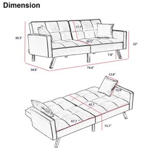 Convertible Velvet Futon Sofa Bed, Modern Sleeper Sofa with 2 Pillows, 3 Adjustable Angles for Backrest, Living Room Couch with 5 Sturdy Metal Legs, Upholstered Loveseat for Home, Office, White