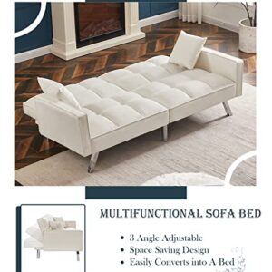 Convertible Velvet Futon Sofa Bed, Modern Sleeper Sofa with 2 Pillows, 3 Adjustable Angles for Backrest, Living Room Couch with 5 Sturdy Metal Legs, Upholstered Loveseat for Home, Office, White