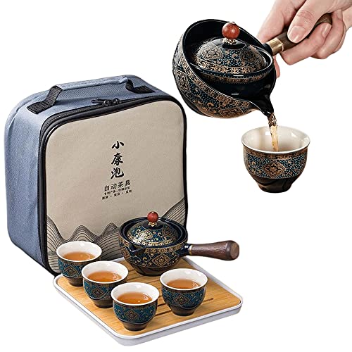 WOLIGECA Porcelain Chinese/Japanese Kung Fu Tea Set, Portable Teapot Set with 360 Degree Rotating Teapot and Tea Strainer,All in One Gift Bag for Travel,Office,Home and Outdoor