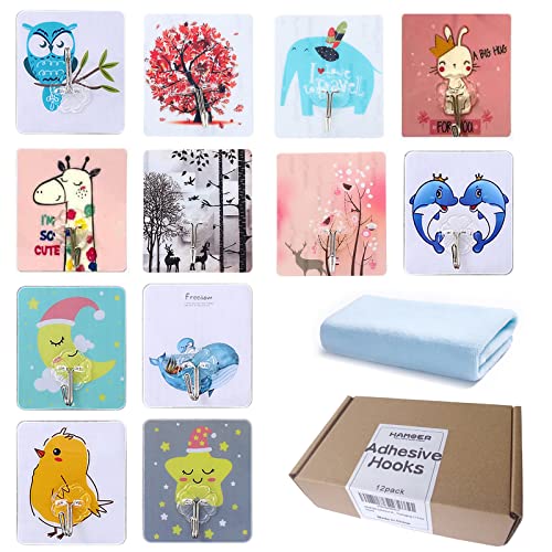 HAMOER Adhesive Wall Hook-Large Adhesive Patch Hanging Towel Key Universal, Printed Pattern Random Home Decor, Free Small Towel, Gift Box Packaging 12 Pack