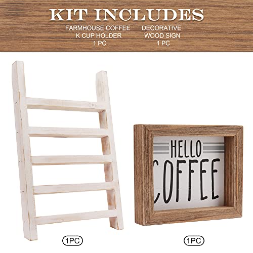 GENMOUS Farmhouse K Cups Ladder Coffee Pod Holder For Countertop, Rustic Wood Keurig Pod Holder K cup Organizer For Home Kitchen Storage, Coffee Station Organizer For Coffee Bar Accessories White