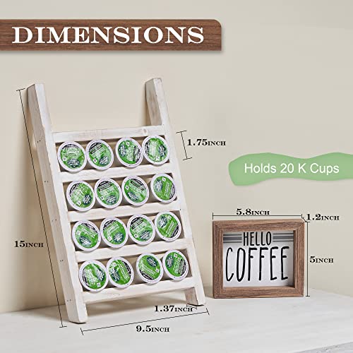 GENMOUS Farmhouse K Cups Ladder Coffee Pod Holder For Countertop, Rustic Wood Keurig Pod Holder K cup Organizer For Home Kitchen Storage, Coffee Station Organizer For Coffee Bar Accessories White